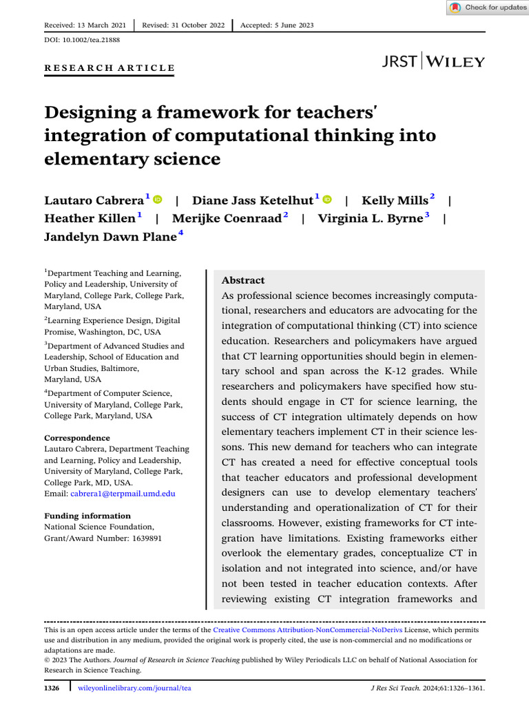 Cabrera Et Al - 2024 - Designing A Framework For Teachers' Integration of Computational Thinking ...