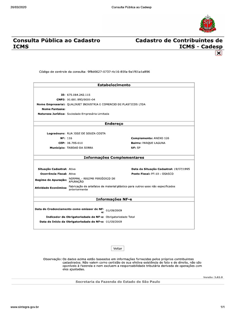 Sintegra Qualinjet - 26-03-2020 | PDF