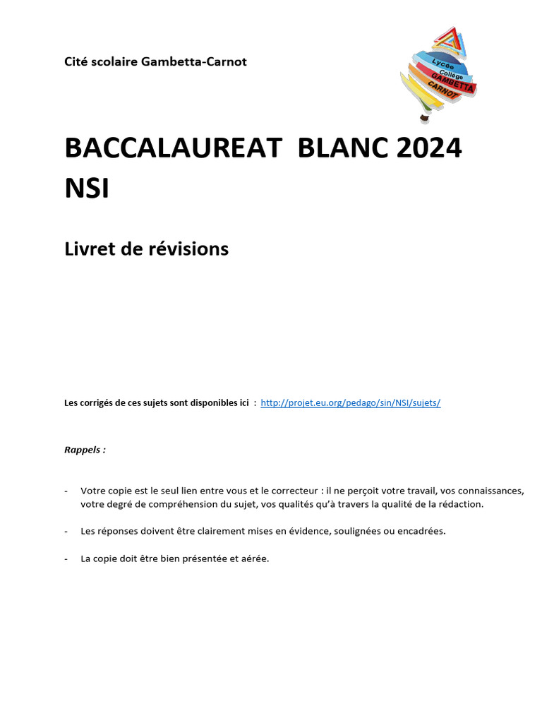 Révisions Bac Blanc 2024 | PDF