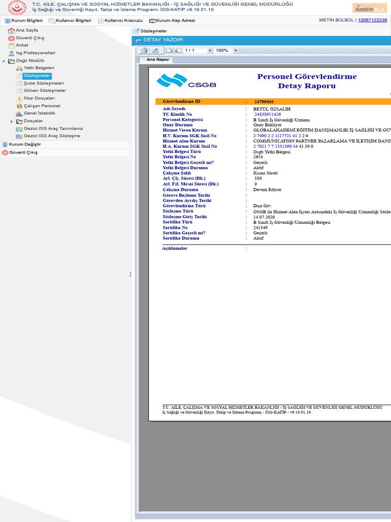İş Sağlığı Ve Güvenliği Kayıt, Takip Ve İzleme Programı İSG-KATİP v9.19.01.10 - Sözleşmeler 3 | PDF