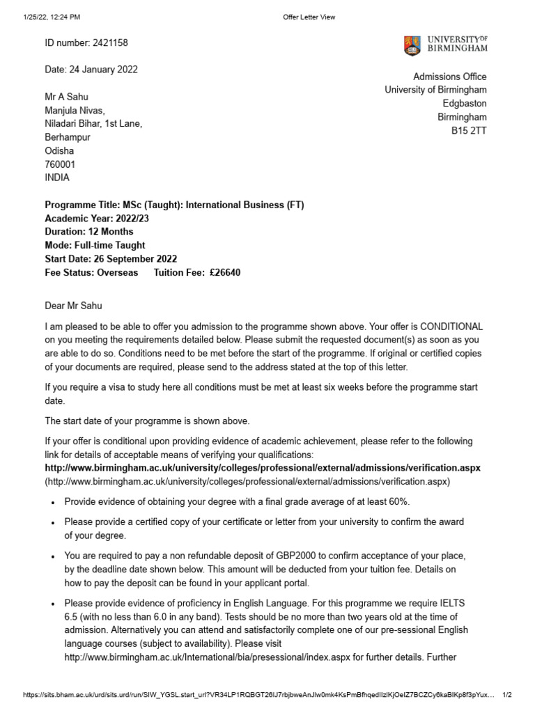 Birmingham Offer Letter | PDF