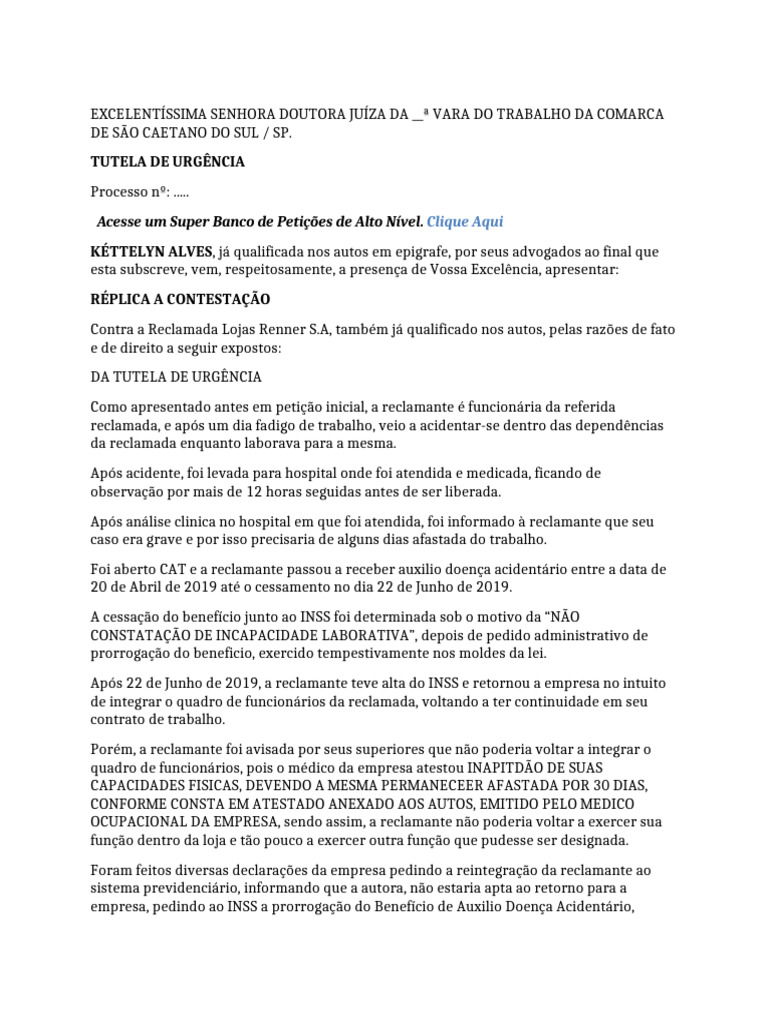 Modelo Replica Trabalhista Com Tutela de Urgencia | PDF | Advogado | Negócios