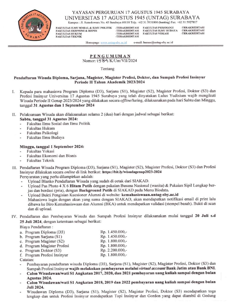 1584-K-Um - VII-2024 Pengumuman Pendaftaran Wisuda D3, S1, S2, Magister ... 1584-K-Um - VII-2024 Pengumuman Pendaftaran Wisuda D3, S1, S2, Magister ...