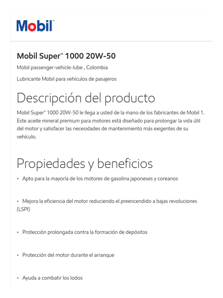 Ficha Tecnica Mobil Super™ 1000 20W-50 | PDF | Exxon Mobil | Tecnología ...