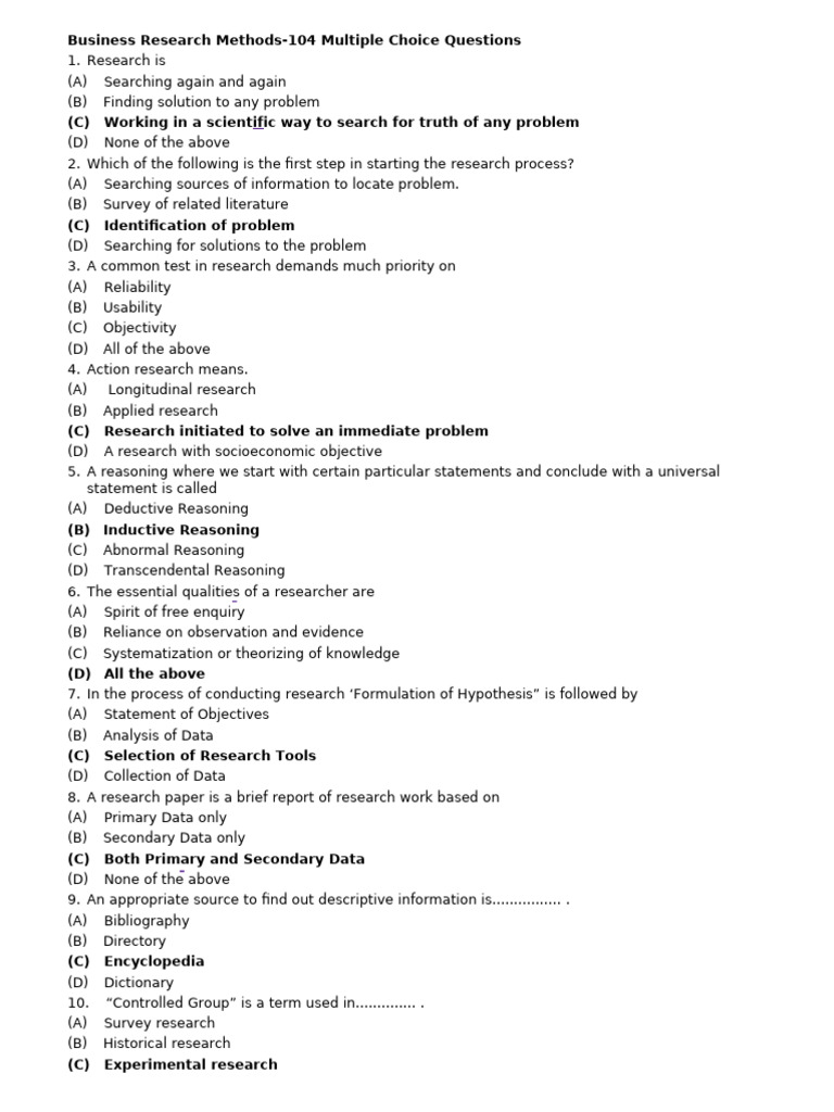 Business Research Methods 104 Multiple Choice Questions | PDF