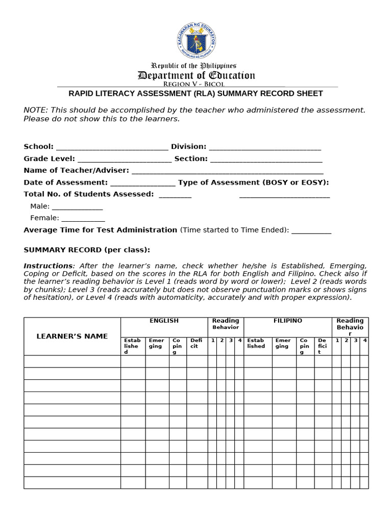 RLA Summary Record Sheet | PDF | Behavior Modification | Applied ...