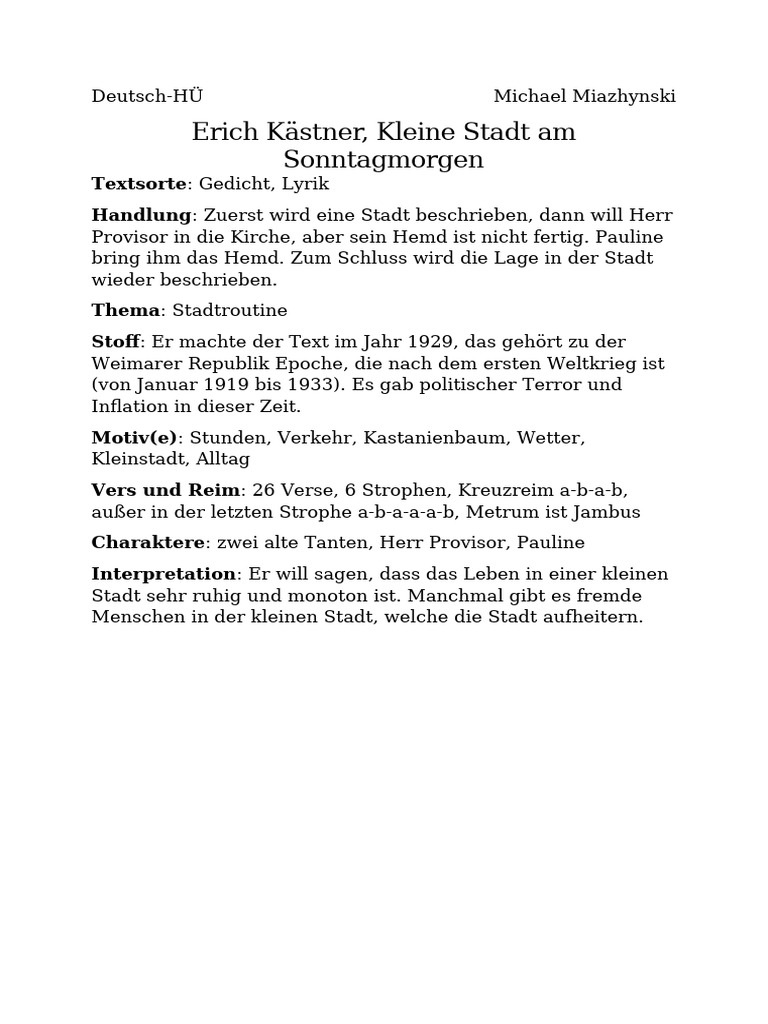 Kleine Stadt Am Sonntagmorgen Erich Kästner | PDF