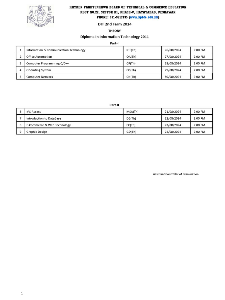 Datesheet DIT-1 Year DIT-2 Year 2nd Term Examination 2024 | PDF
