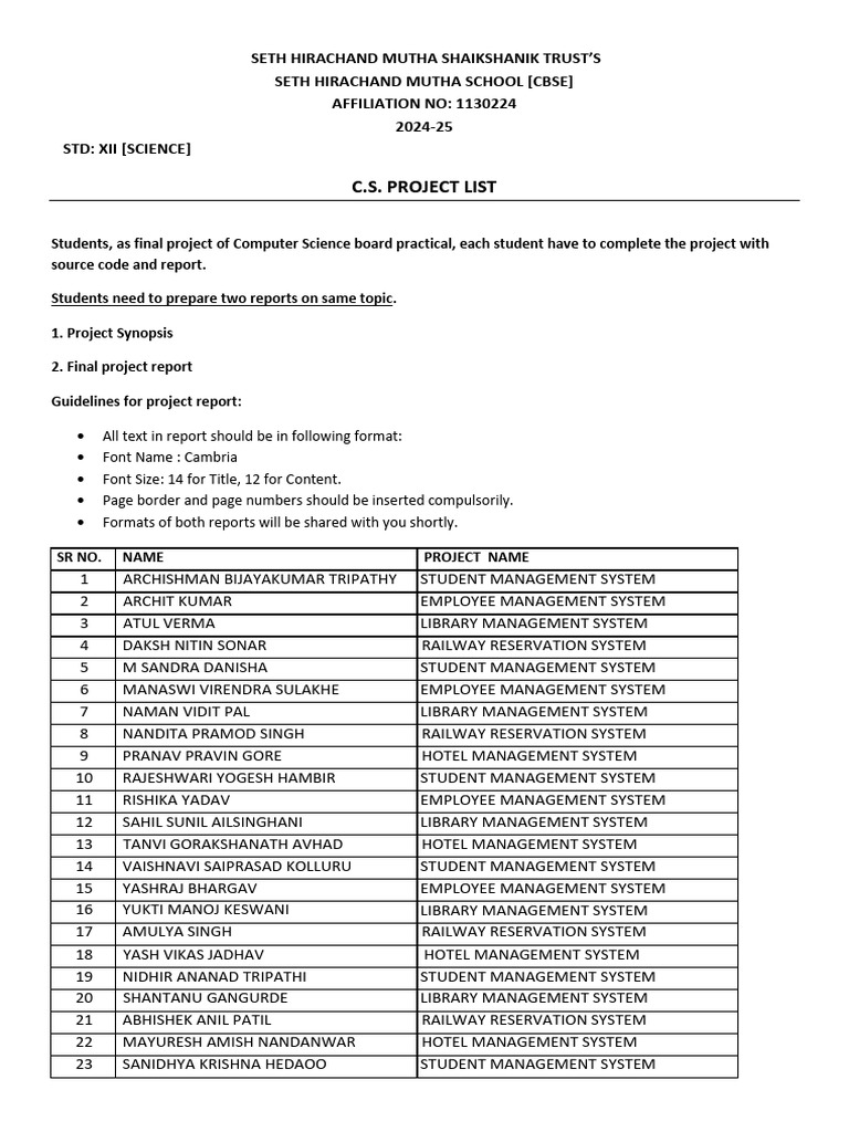 CS Student XII Science Project List | PDF