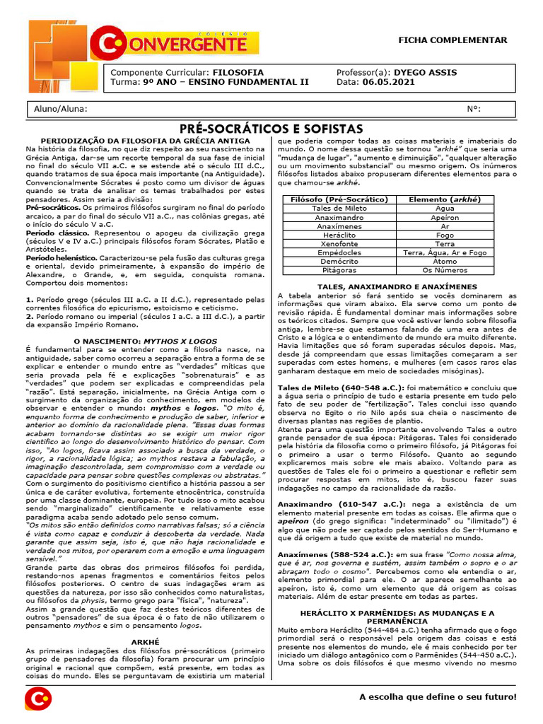 Ficha Complementar 9º Ano Os Primeiros Filosofos 06.05.2021 | PDF | Science | Pensamento