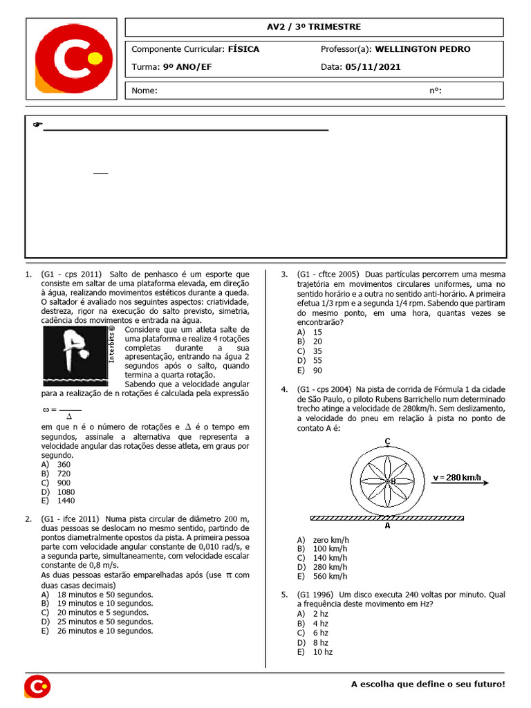 Av2 - 3t - 9º Ano - Física - Pedro | PDF | Física