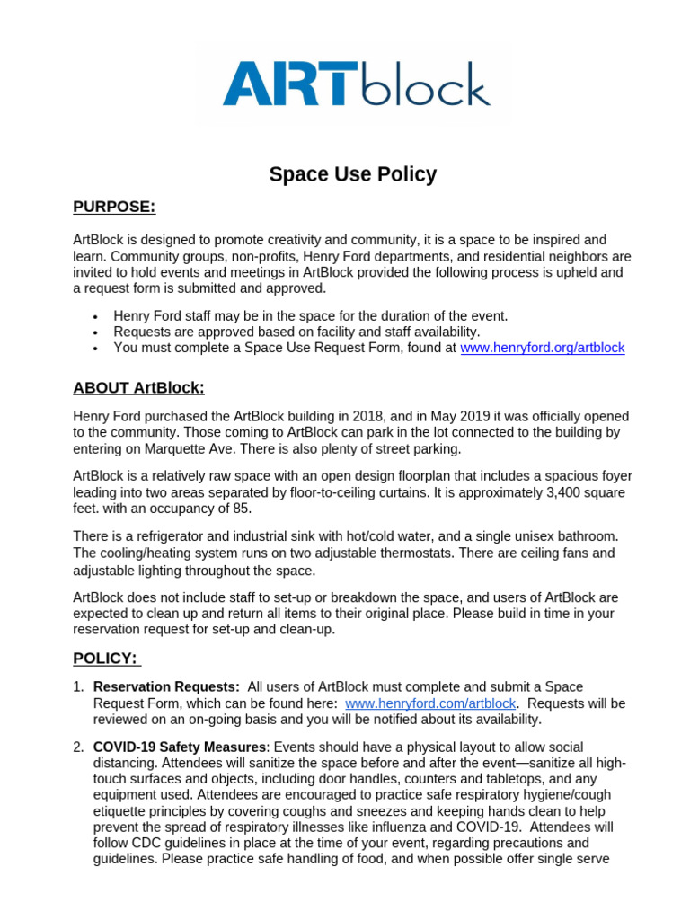 Henry Ford's ArtBlock Space Use Policy 2022 | PDF