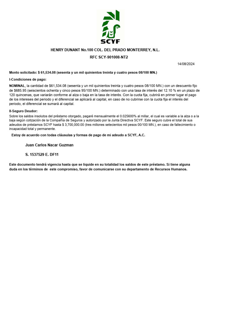 SCYF SolicitudPtmo CartaCompromiso | PDF