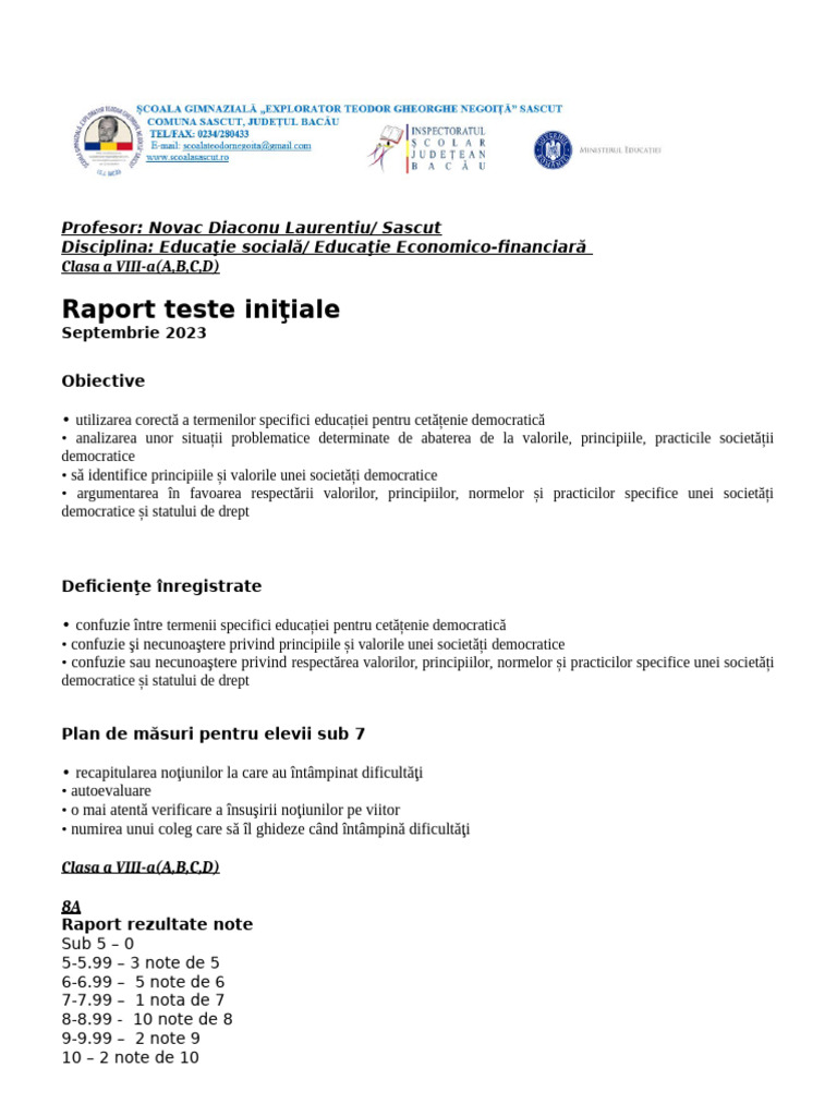 Teste Initiale Novac Diaconu-Ed. Sociala-Ed Ec-Fin Sascut 2023 Raport | PDF