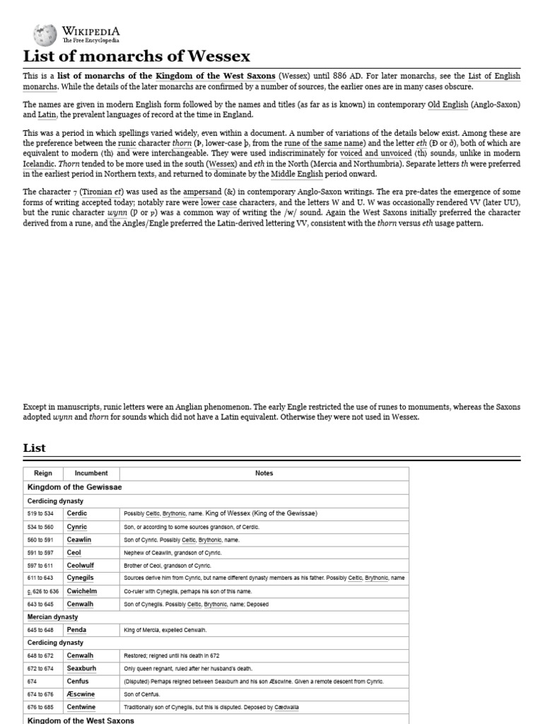 List of Monarchs of Wessex | PDF