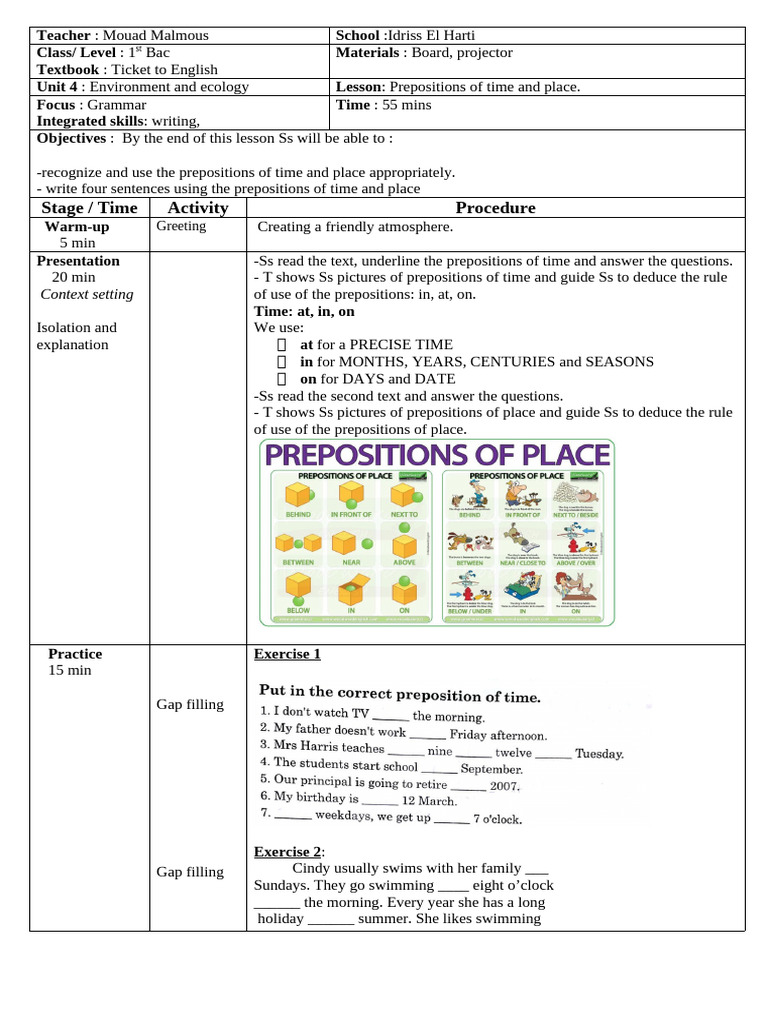 Lesson Plan -Grammar prepositions (1) | PDF
