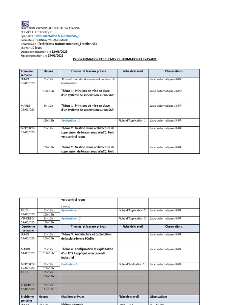 Canevas de Formation - Instrum - Autom - Frontier | PDF