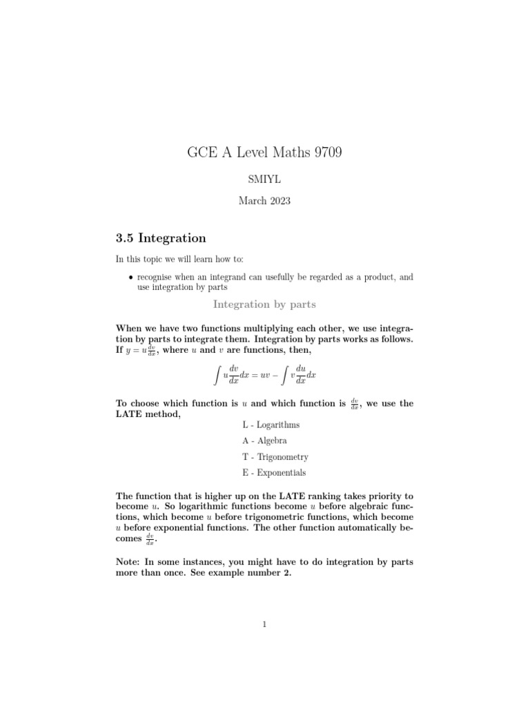 GCE A Level Integration Integration by Parts Integration of A Product | PDF