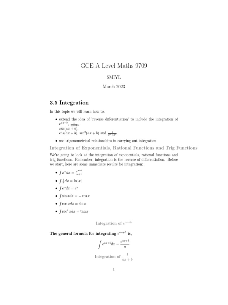 GCE A Level Integration Exponentials Rational Functions and Trig Functions | PDF