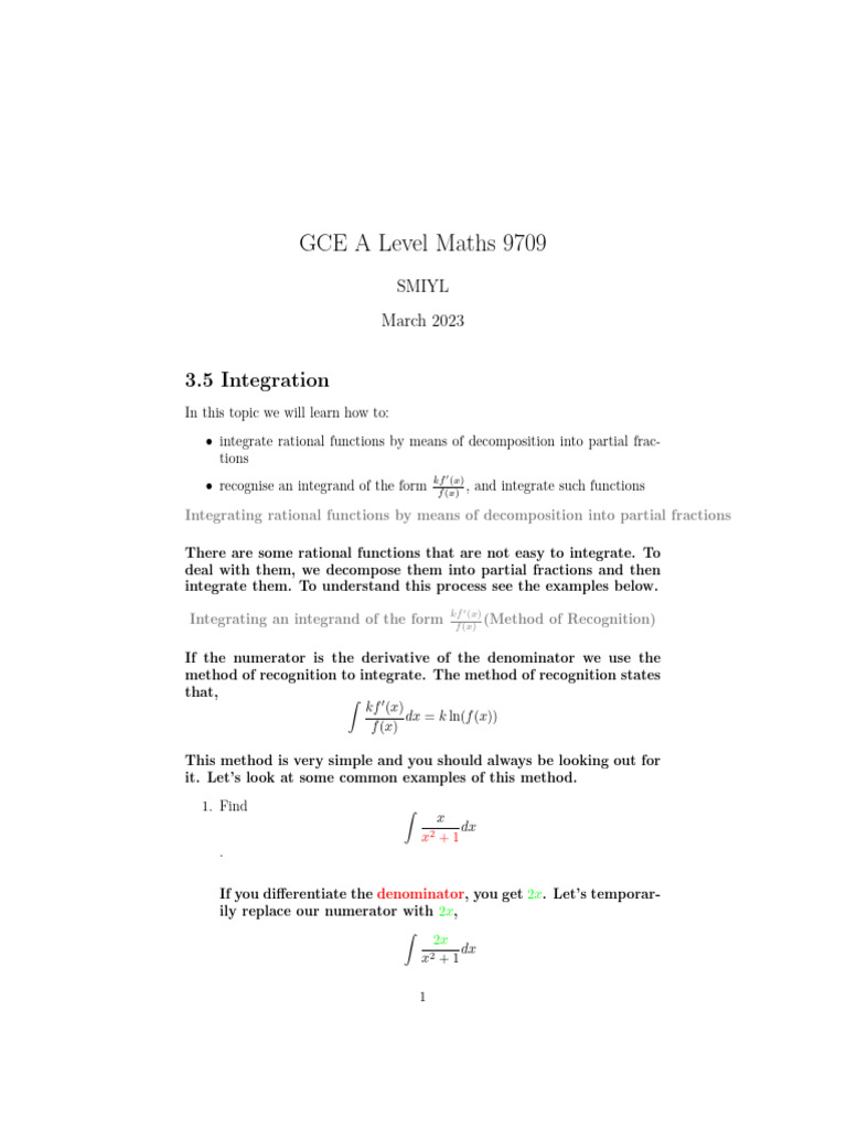 GCE A Level Integration Rational Functions To Partial Fractions and Method of Recognition | PDF