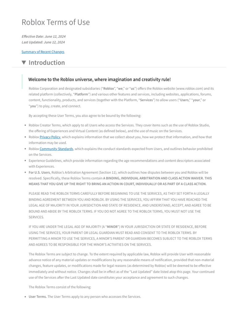 EN Roblox Terms of Use 20240612 | PDF