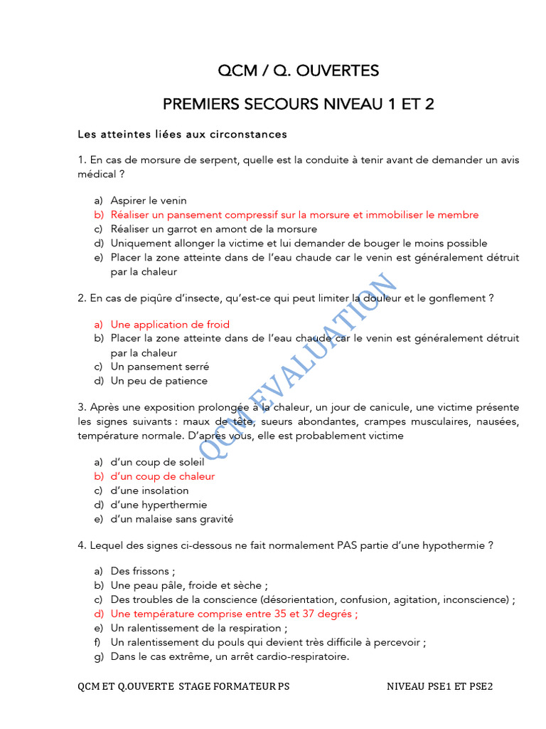 QCM, Et Corrigé, Secours Médical | PDF