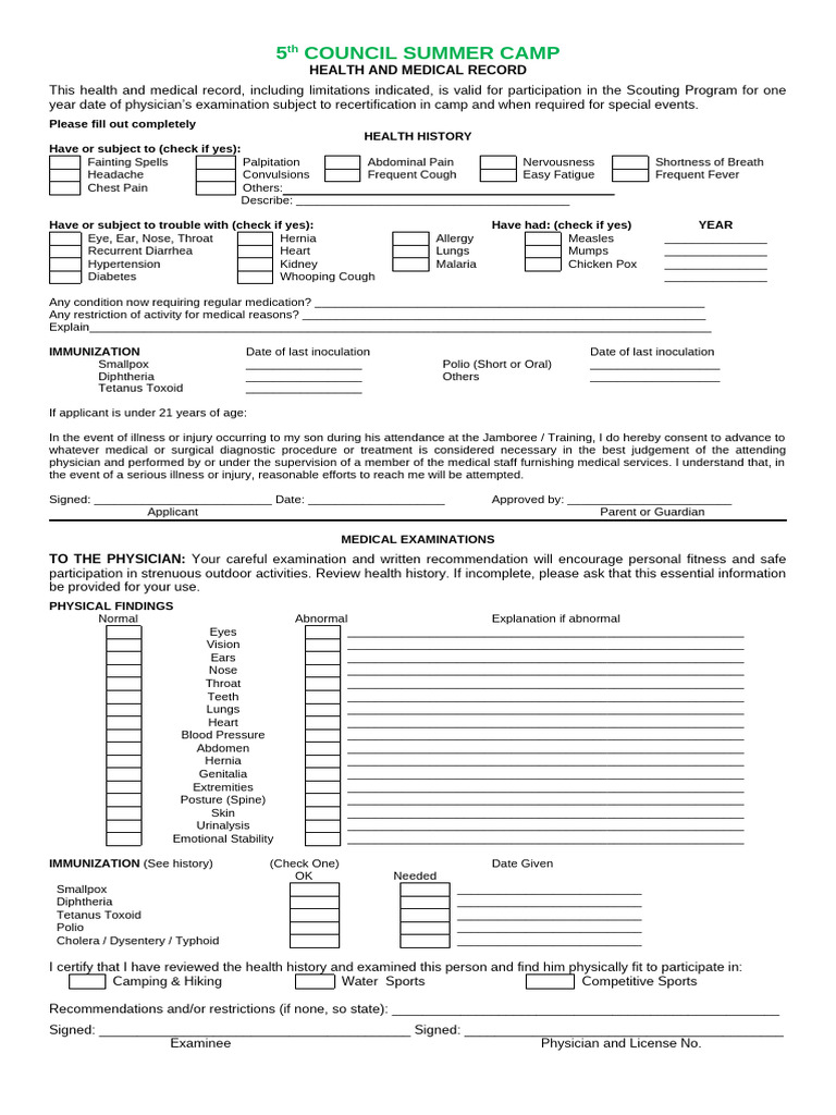 Summer CaMP Health and Medical Certificate | PDF | Cough | Smallpox