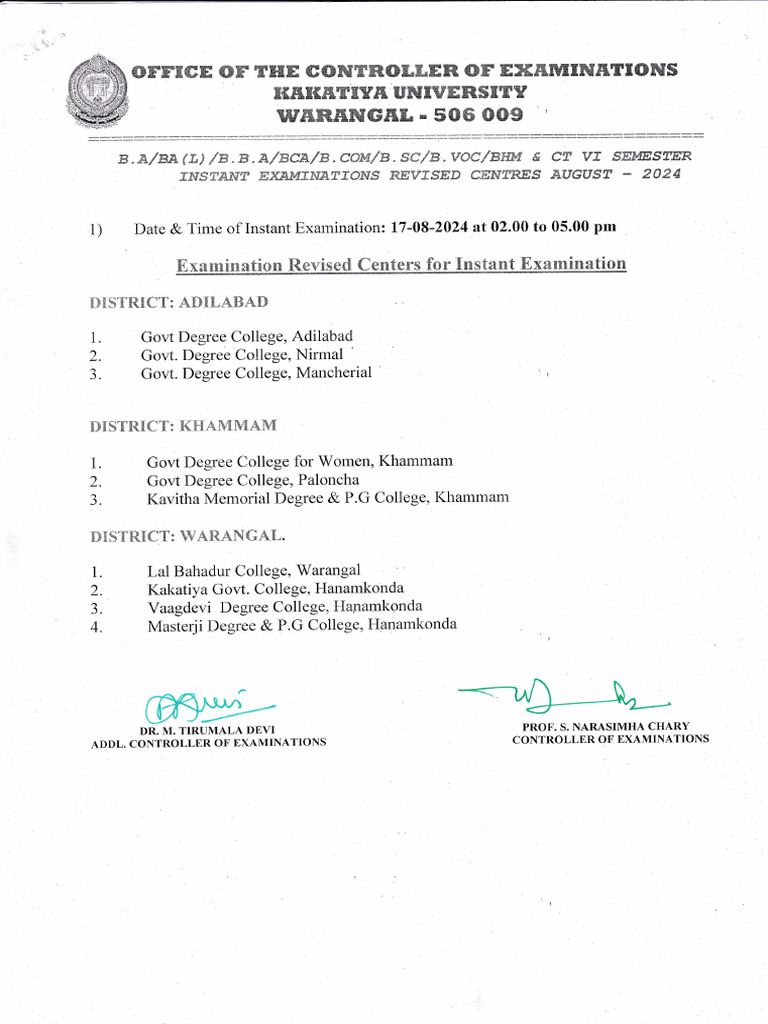 Revised UG VI Semester Instant Examinations Centres List, 2024 | PDF