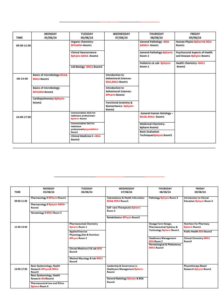 1.revised FINAL EXAM TIMETABLE AUGUST 2024 | PDF | Pharmacy | Health Care