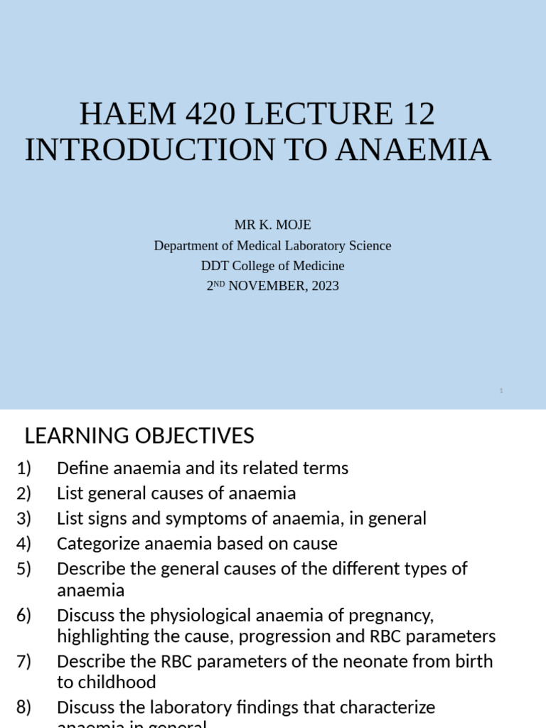 2023 Haem 240 Lecture 13 Introduction To Anaemia | PDF