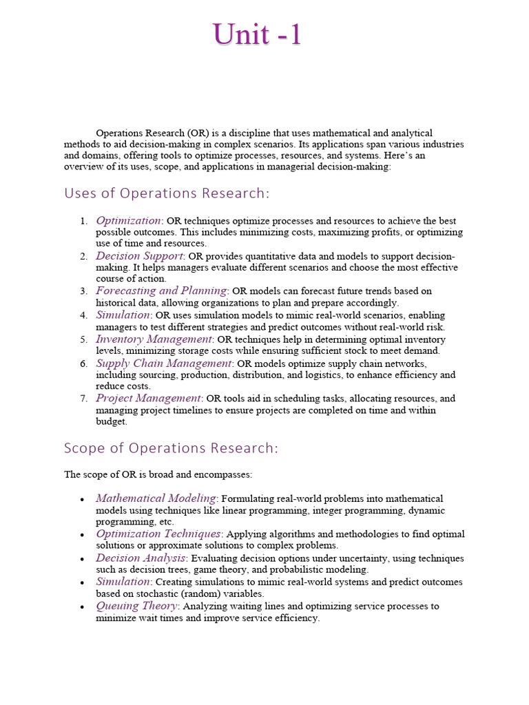 Unit - 1: Uses of Operations Research | PDF