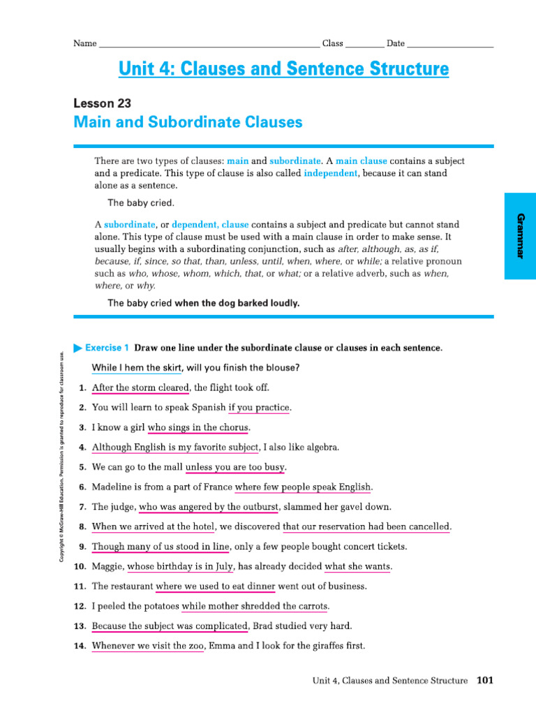 Grammar - Main and Subordinate Clauses A's | PDF