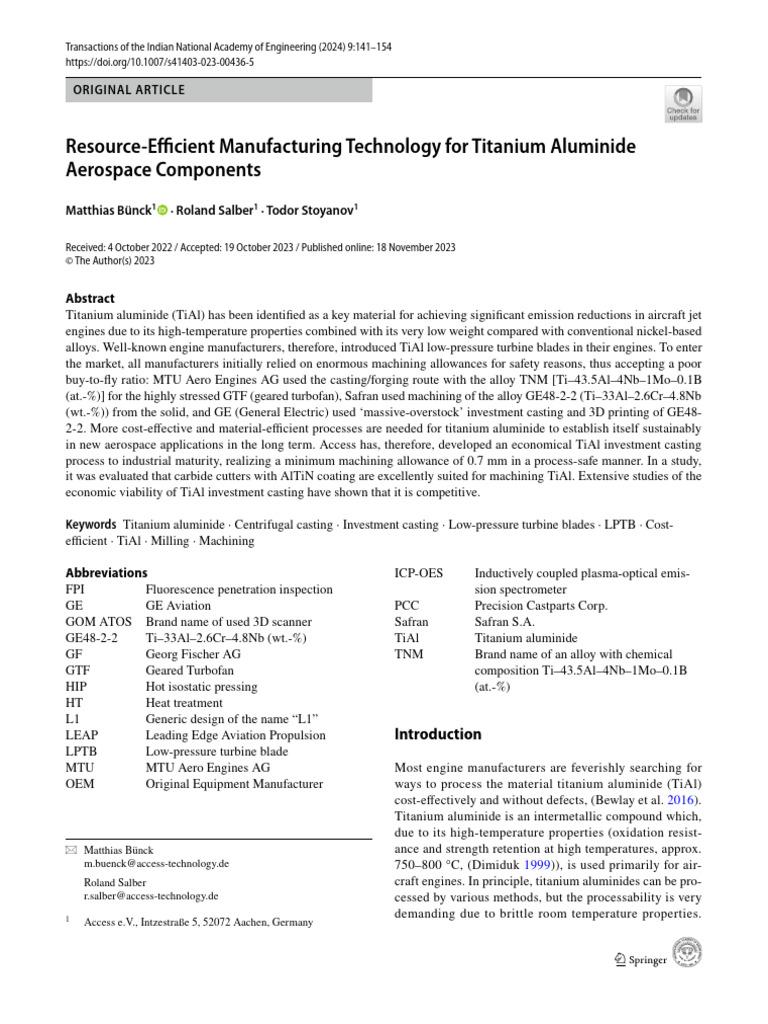 Resource Efficient Manufacturing Technology For Titanium Aluminide ...