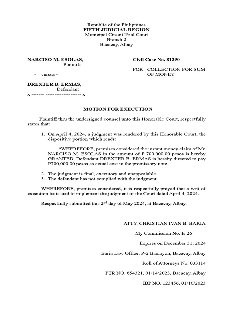 Motion For Execution (Money Judgment) | PDF Motion For Execution (Money Judgment) | PDF
