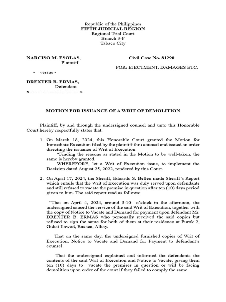 Motion For Issuance of Writ of Demolition | PDF