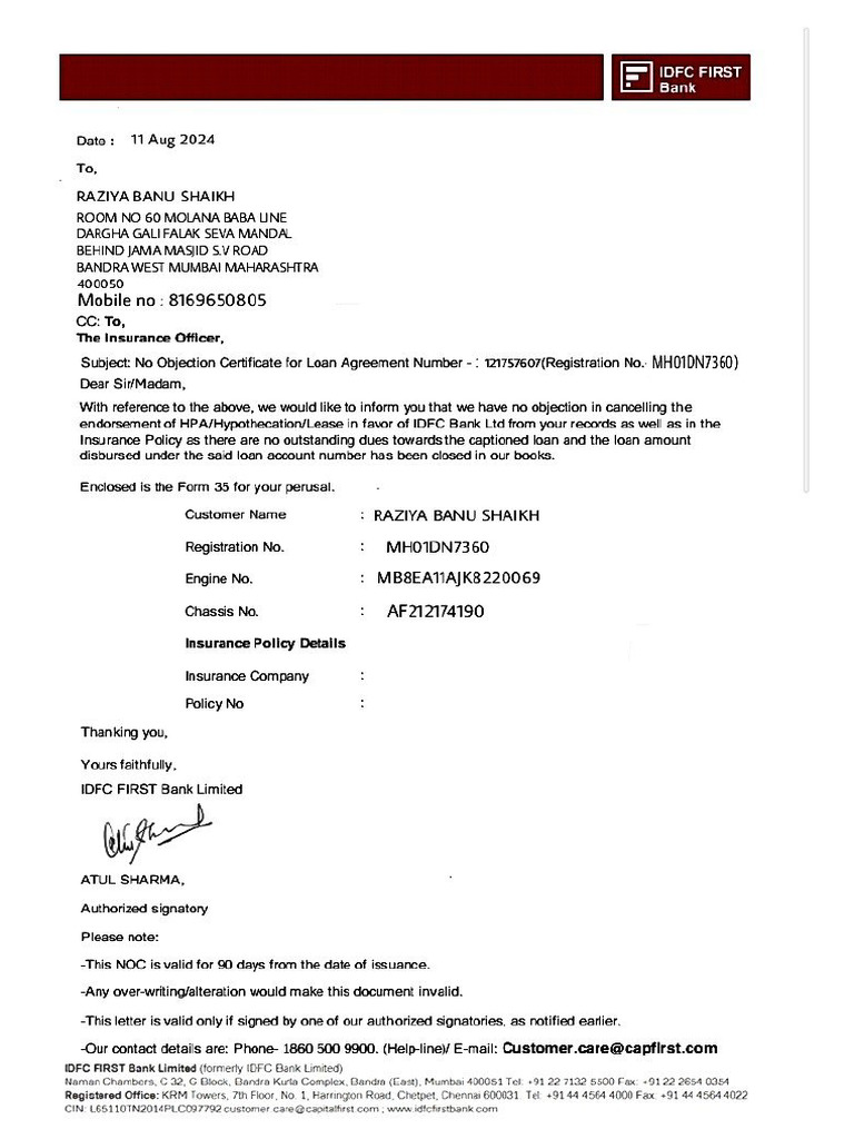 NOC Letter Idfc Bank | PDF