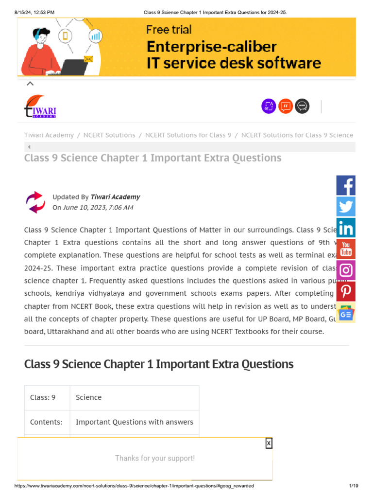 Class 9 Science Chapter 1 Important Extra Questions For 2024-25 | PDF