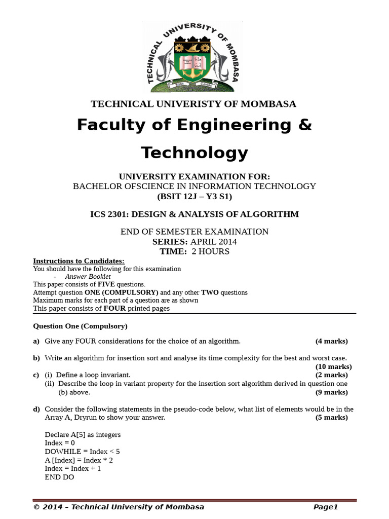 Design & Analysis of Algorithms Ics 2301 | PDF | Algorithms | Teaching ...