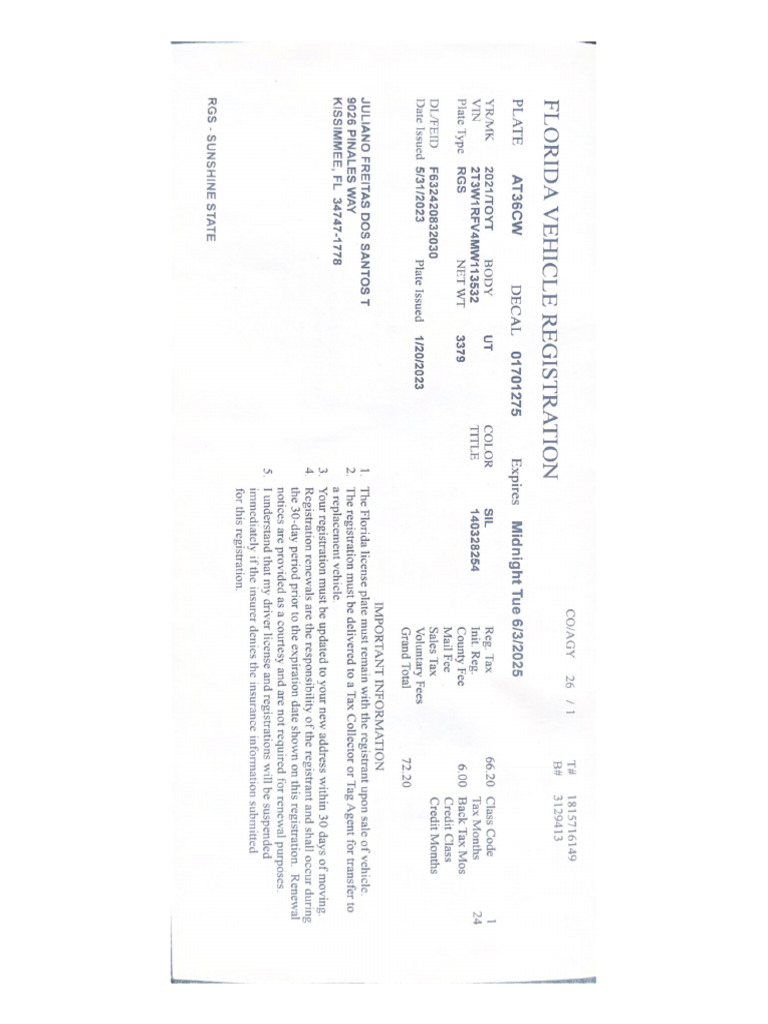 Florida Vehicle Registration | PDF
