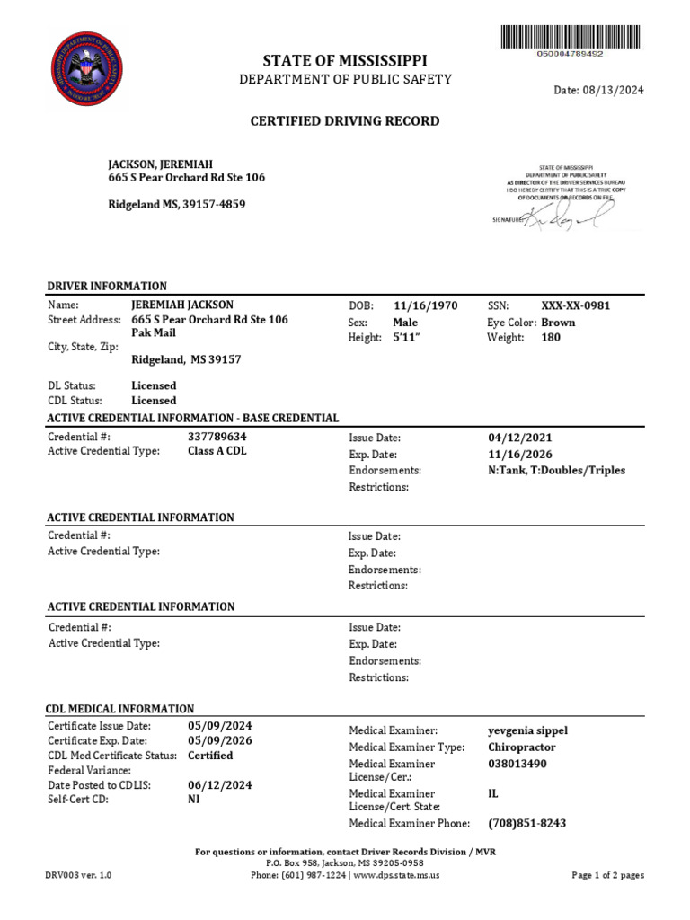 State of Mississippi: Certified Driving Record | PDF