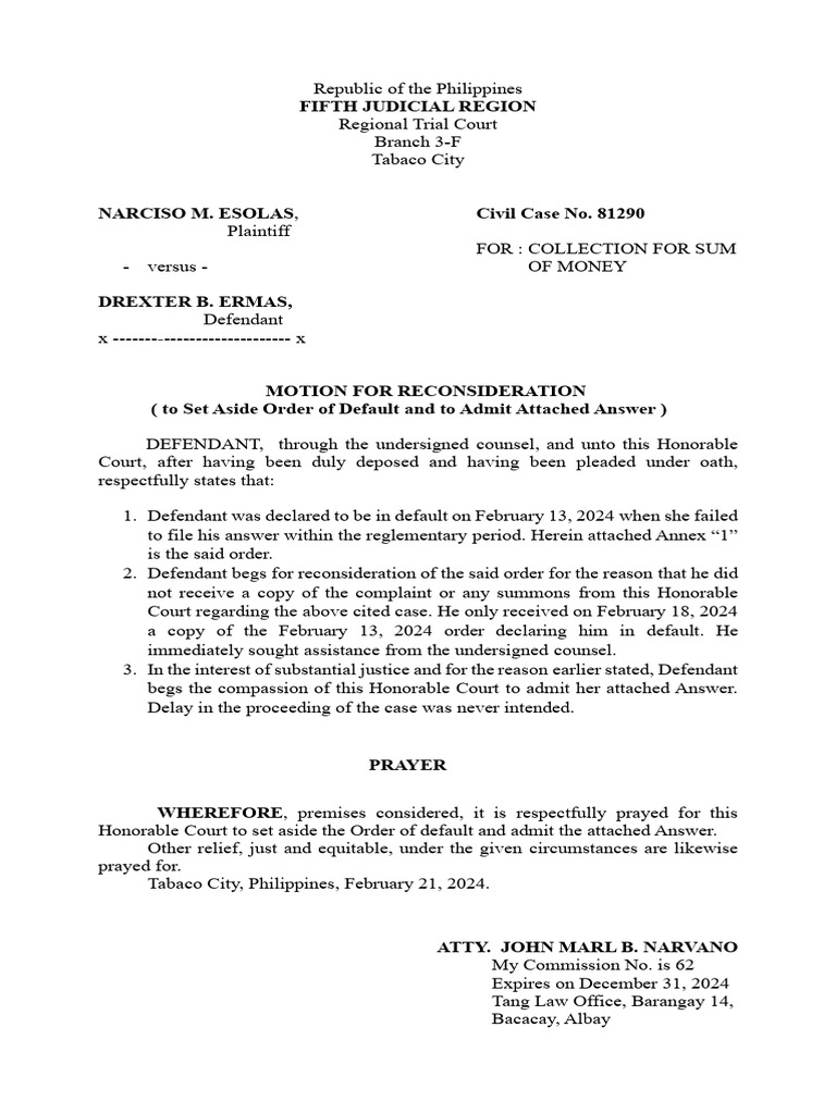 Motion To Set Aside Order of Default | PDF