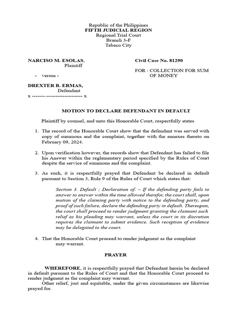 Motion To Declare Defendant in Default | PDF
