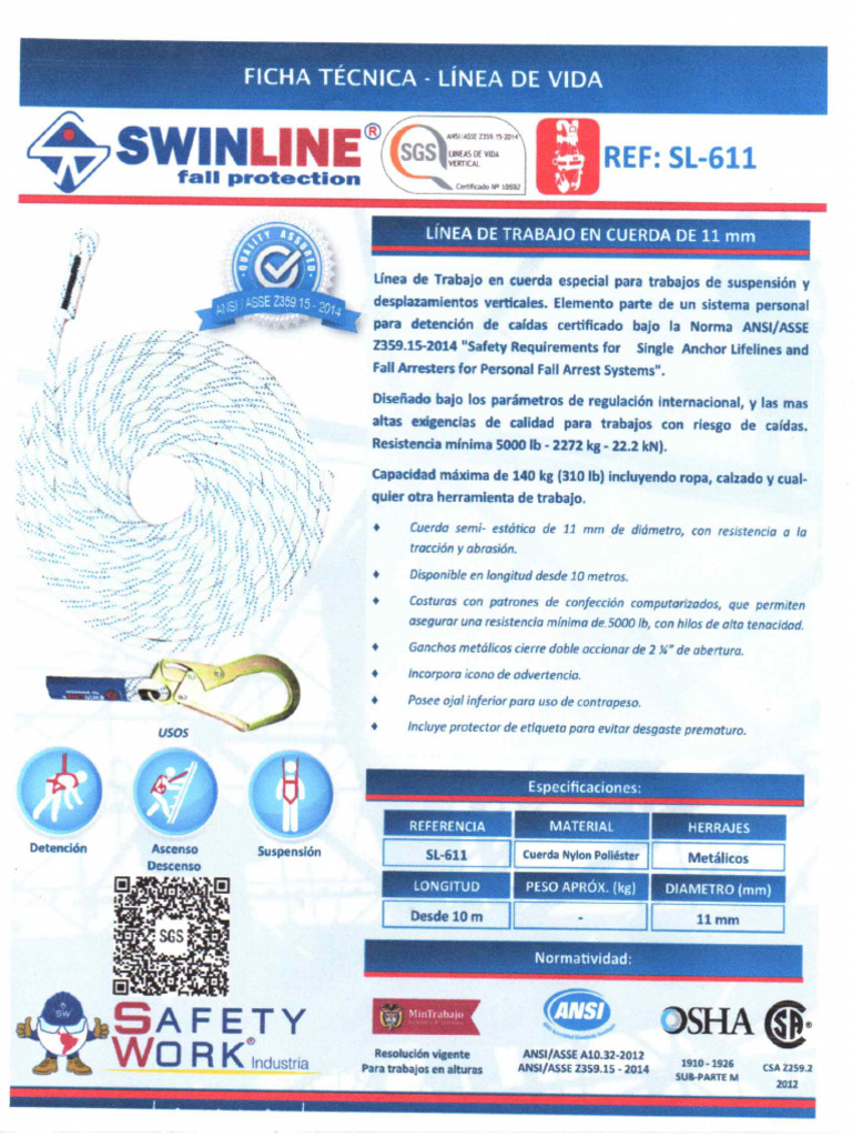 FICHA TECNICA - CERTIFICACION LINEA DE VIDA SWINLINE 01 | PDF
