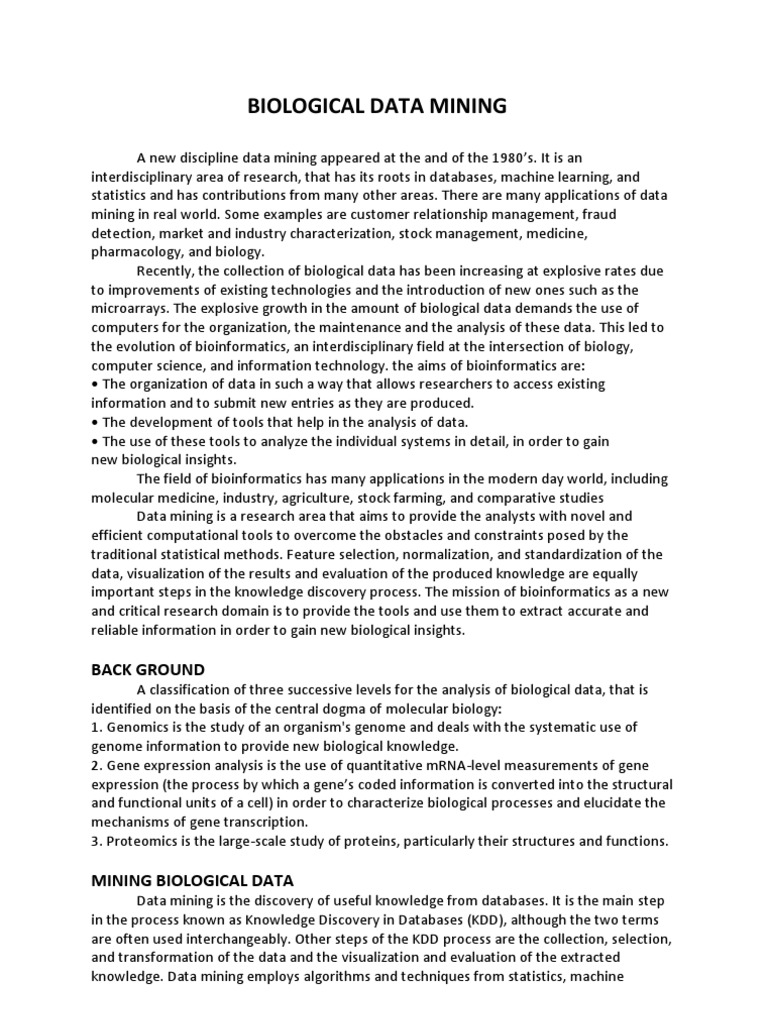 Biological Data Mining: Back Ground | PDF | Data Mining | Bioinformatics
