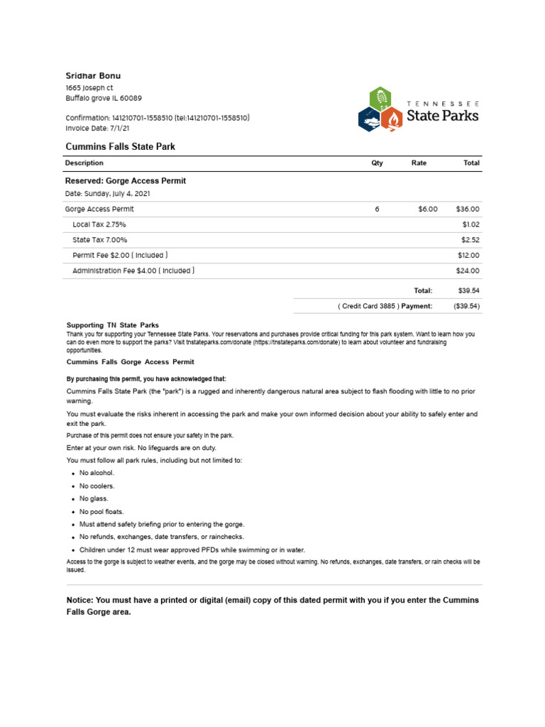 Day-Use Permit Reservations - Cummins Falls State Park, TN | PDF | Payments