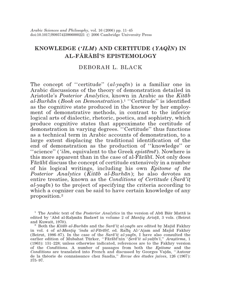 Deborah Black Knowledge and Certityde in Al-Farabi's Epistemology | PDF