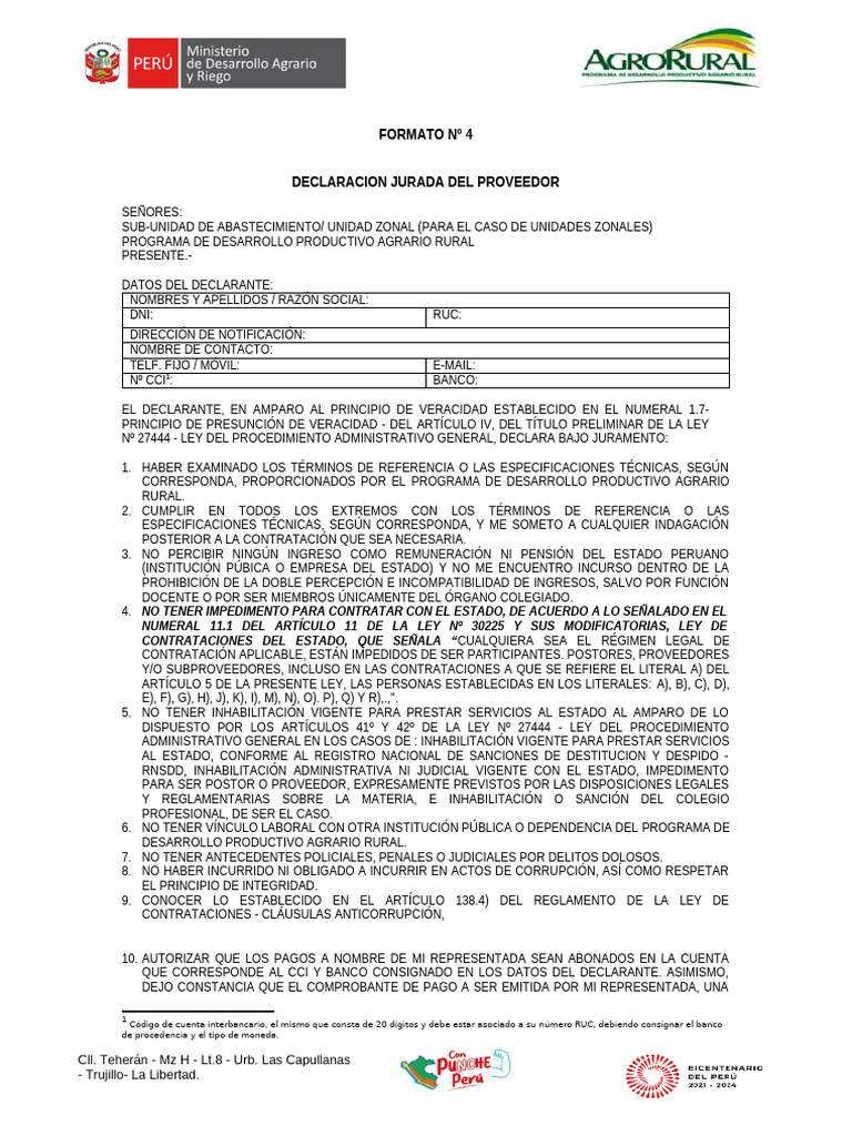 Anexo #4 Declaracion Jurada Del Proveedor | PDF | Derecho