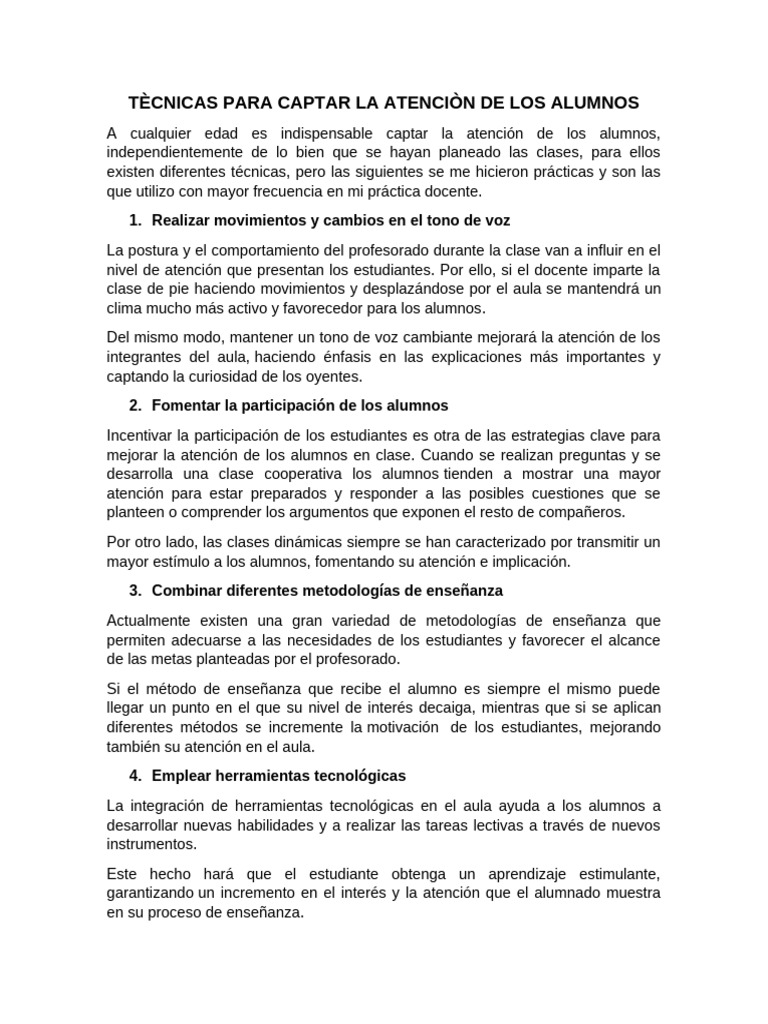 Tècnicas para Captar La Atenciòn de Los Alumnos | PDF | Enseñando ...