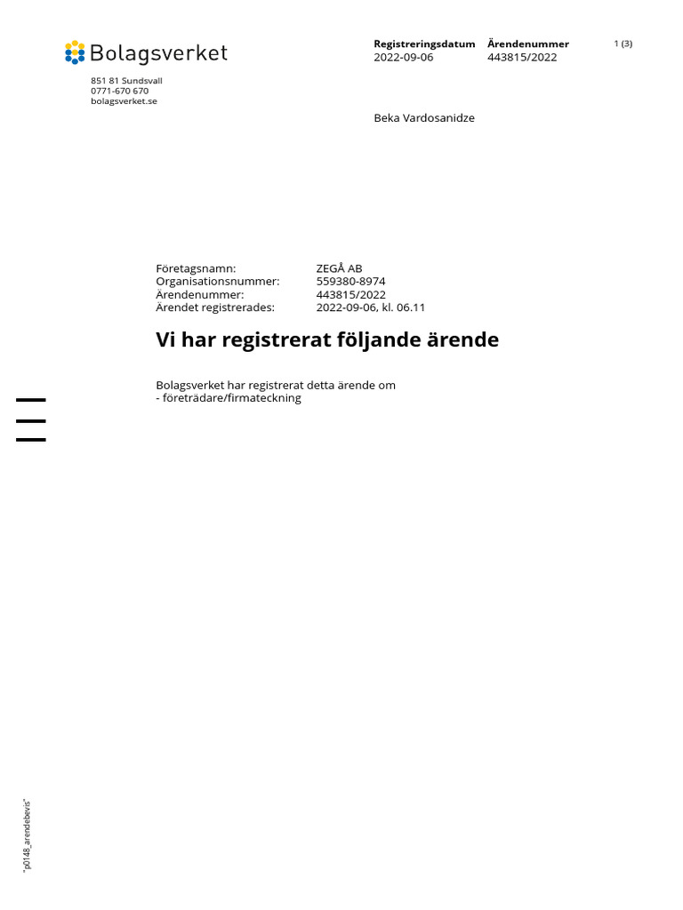 Registreringsbevis 5593808974 | PDF