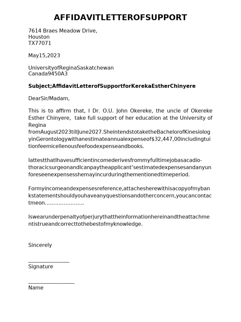 Affidavit Letter of Support | PDF